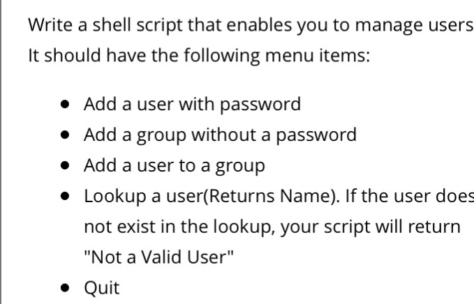 Solved Write A Shell Script That Enables You To Manage Users 