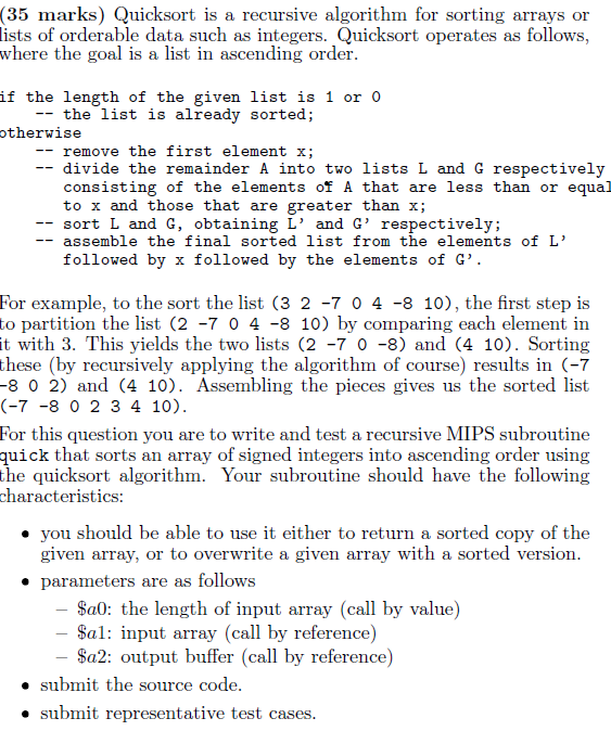 Solved (35 marks) Quicksort is a recursive algorithm for | Chegg.com