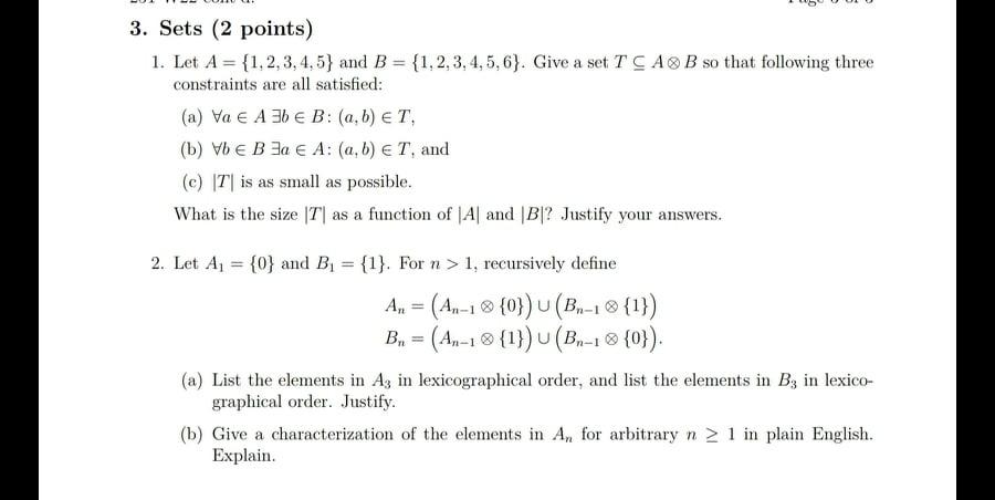 Solved a 3. Sets (2 points) 1. Let A = {1,2,3,4,5) and B = | Chegg.com