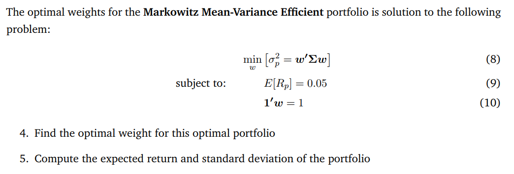 The optimal weights for the Markowitz Mean-Variance | Chegg.com