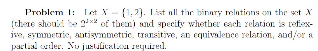 Solved Problem 1: Let X={1,2}. List all the binary relations | Chegg.com