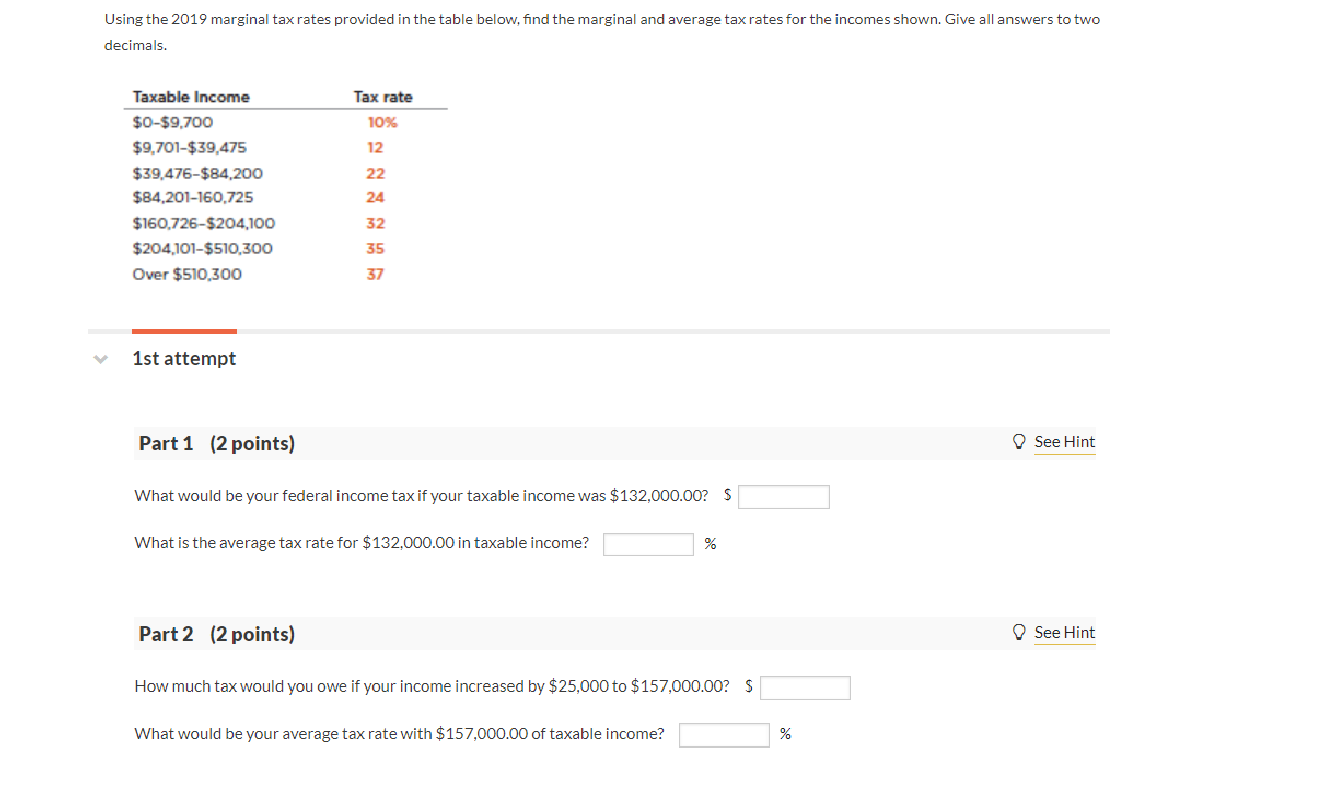 Solved Using the 2019 marginal tax rates provided in the | Chegg.com