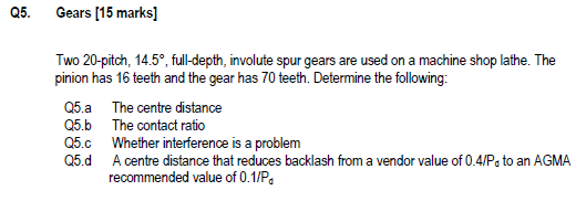 Solved Q5. Gears (15 marks] Two 20-pitch, 14.5°, full-depth | Chegg.com