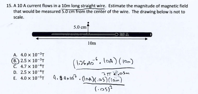 Solved 15. A 10 A current flows in a 10 m long straight | Chegg.com