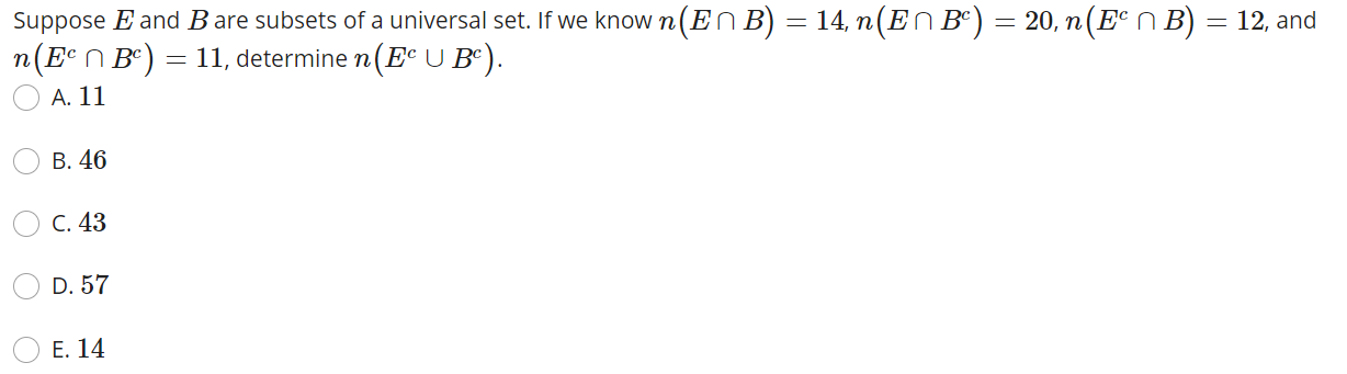 Solved Suppose E and B are subsets of a universal set. If we | Chegg.com