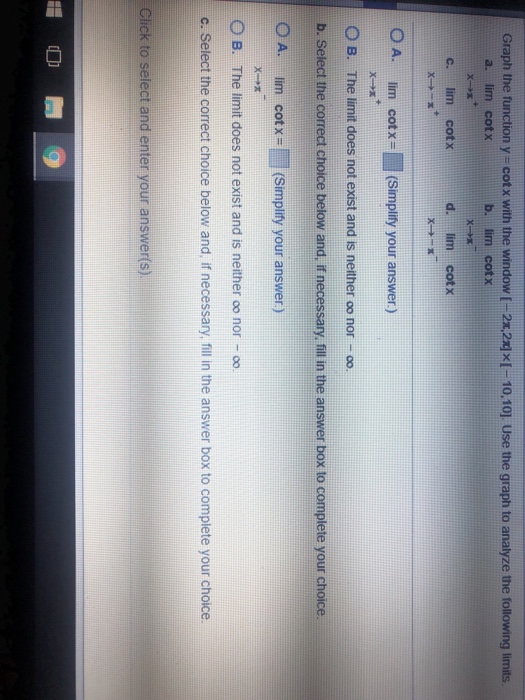 Solved g limits Graph the function y = cot x with the window | Chegg.com