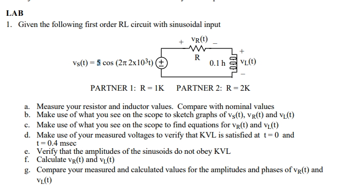 Solved LAB 1. Given the following first order RL circuit | Chegg.com