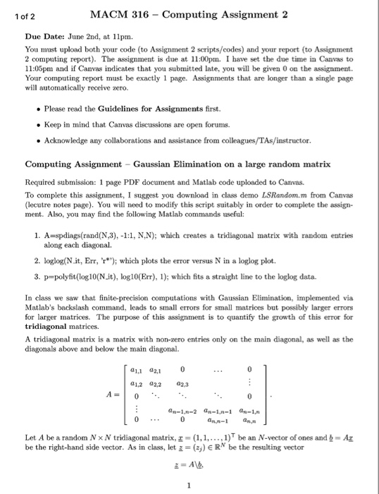 Solved MACM 316 Computing Assignment 2 1 of 2 Due Date: June | Chegg.com