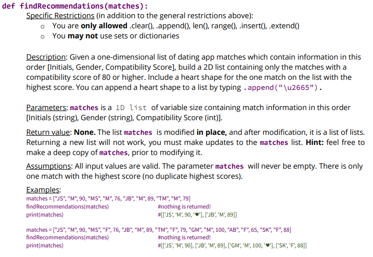 Solved findRecommendations(matches): Specific Restrictions | Chegg.com