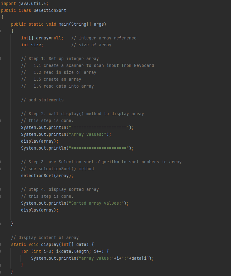 Solved Step 1. set up integer array ∣ Step 2. use display() | Chegg.com