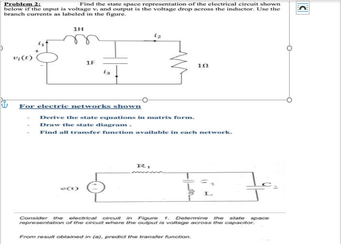 Solved Problem 2: Find the state space representation of the | Chegg.com