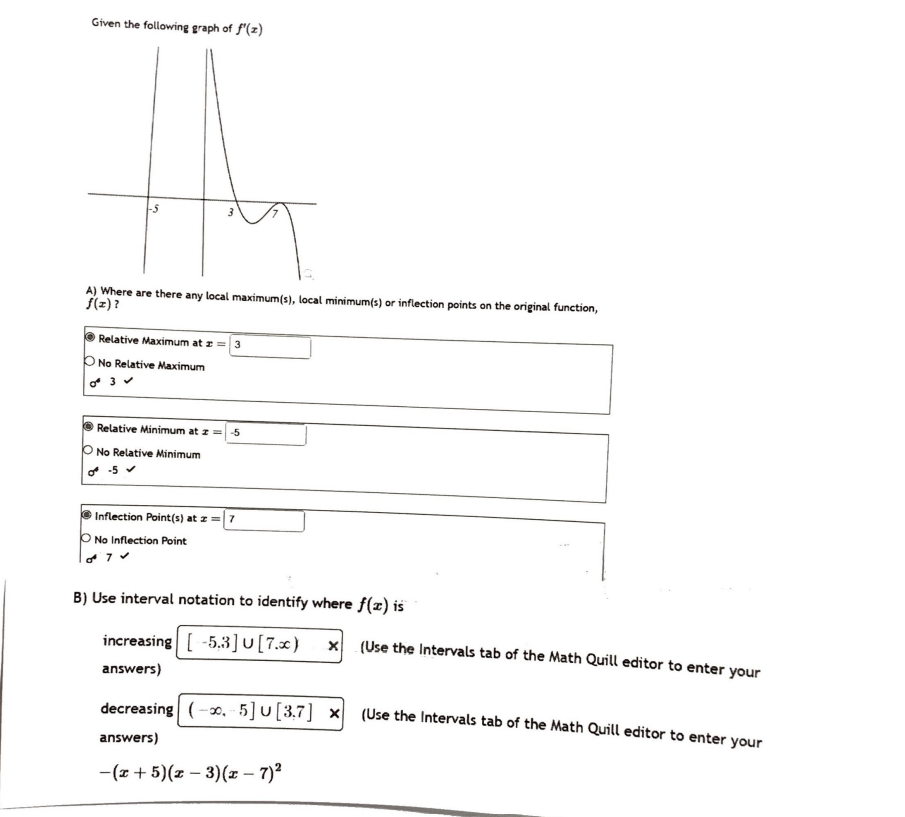 Solved Given the following graph of f′(x) A) Where are there | Chegg.com
