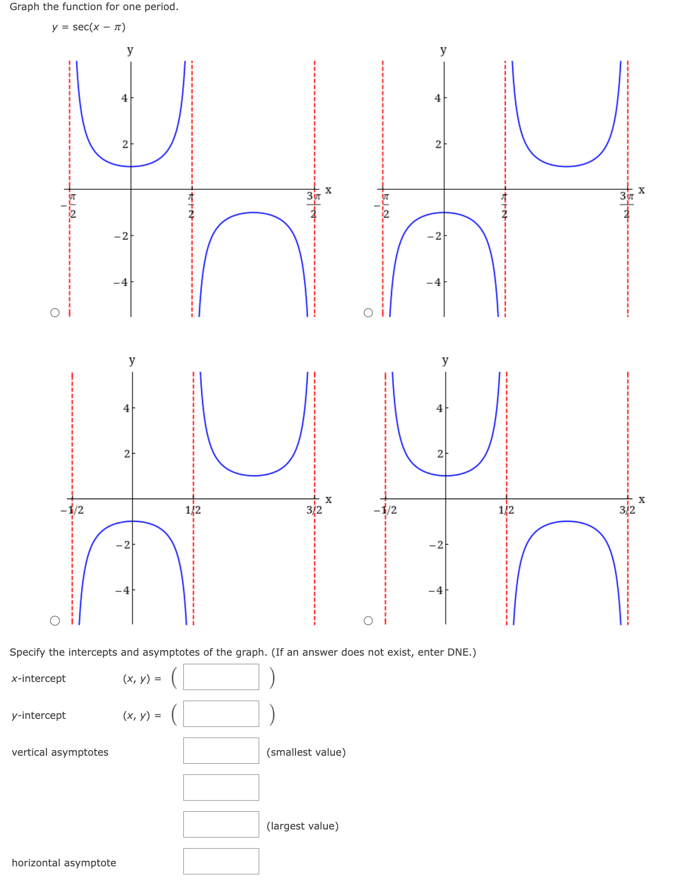 Solved Graph the function for one period. y=sec(x−π) Specify | Chegg.com