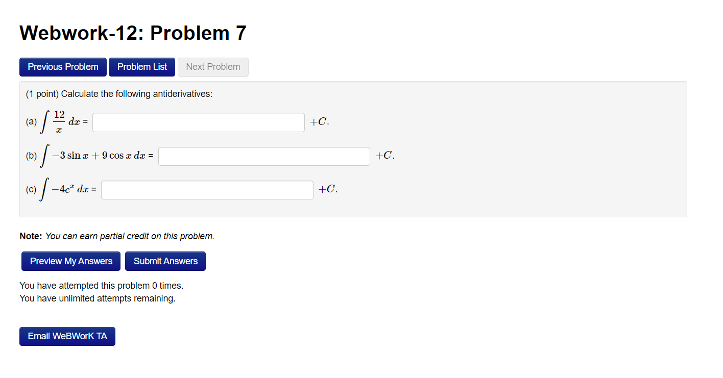 Solved Webwork-12: Problem 7 Previous Problem Problem List | Chegg.com