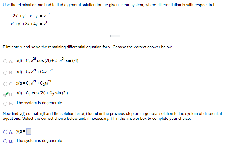 Solved Use the elimination method to find a general solution | Chegg.com