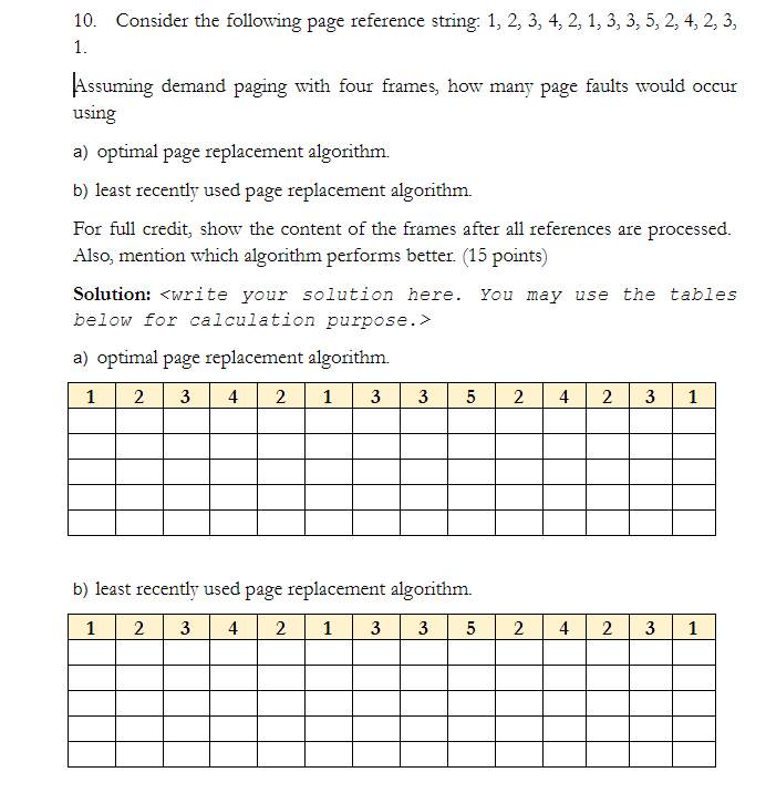 Solved 10. Consider the following page reference string: 1, | Chegg.com