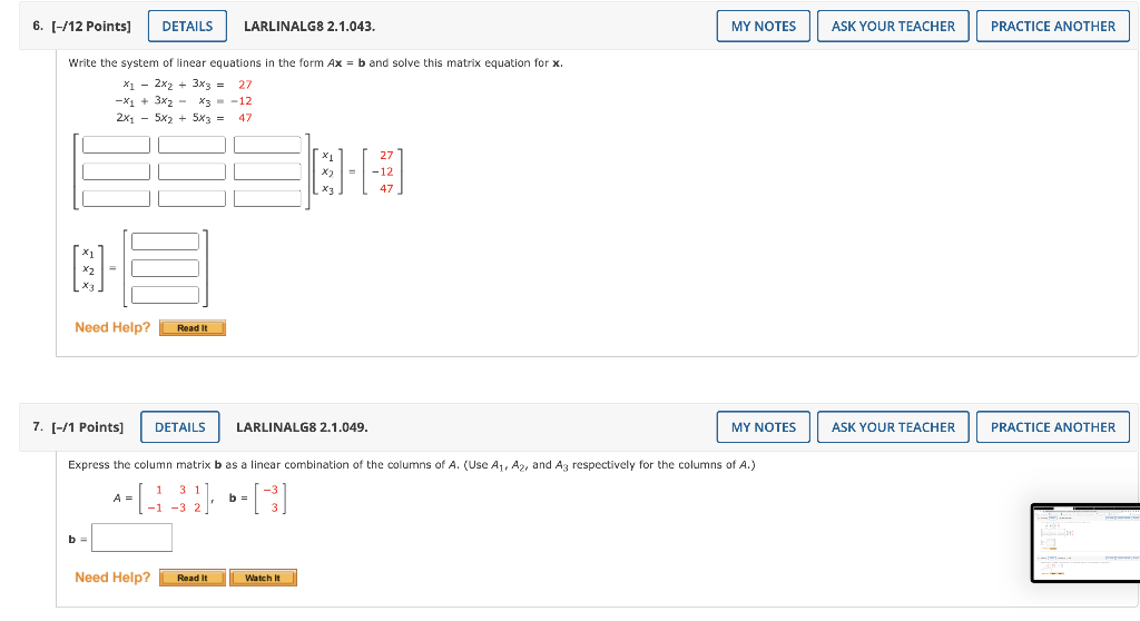 Solved 6. (-/12 Points) DETAILS LARLINALG8 2.1.043. MY NOTES | Chegg.com Solved 6. (-/12 Points) DETAILS LARLINALG8 2.1.043. MY NOTES | Chegg.com