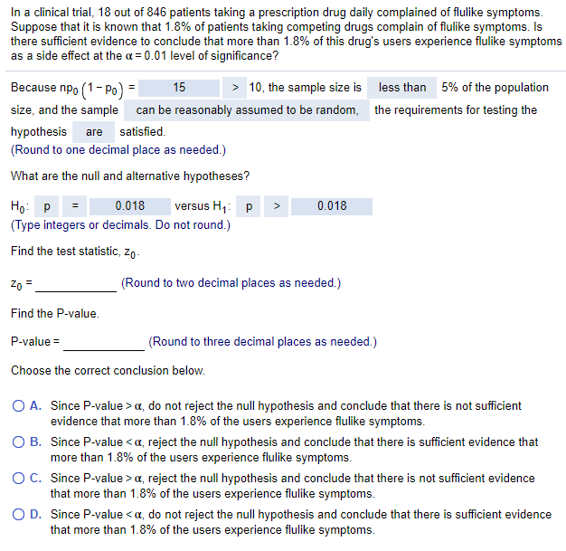 Solved In a clinical trial, 18 out of 846 patients taking a | Chegg.com