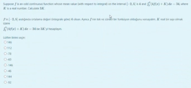 Solved Suppose } is an odd continuous function whose mean | Chegg.com