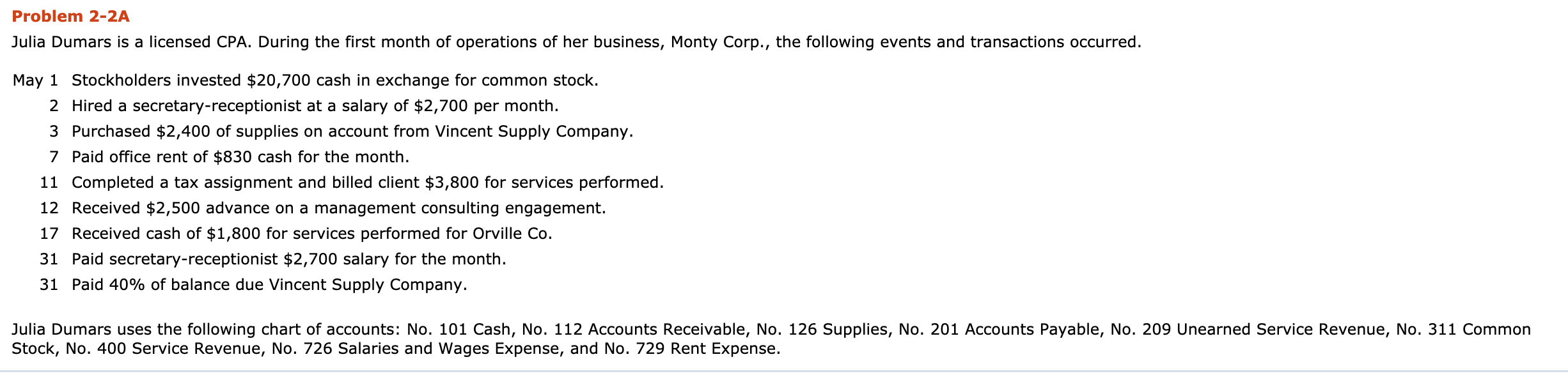 Solved Problem 2-2A Julia Dumars is a licensed CPA. During | Chegg.com