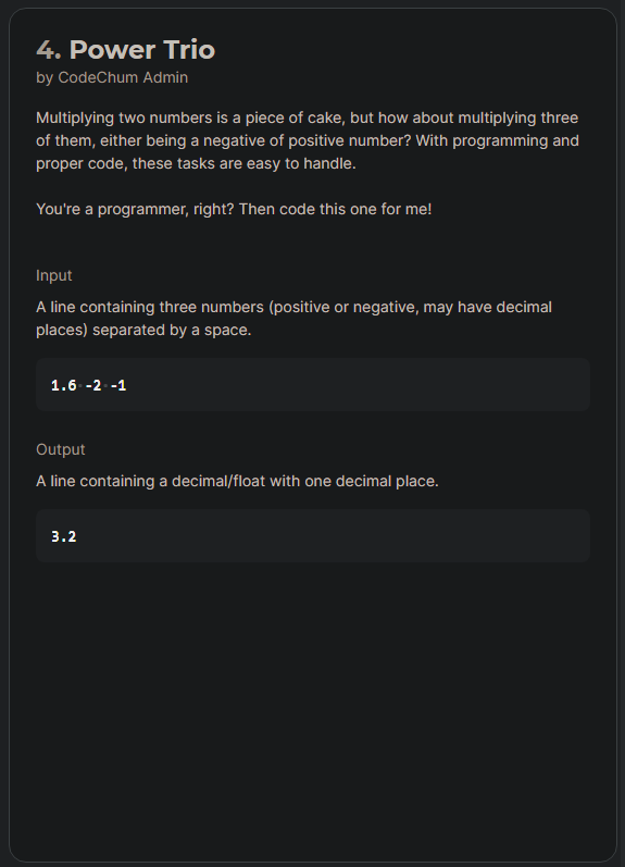 Solved 4. Power Trio by CodeChum Admin Multiplying two | Chegg.com