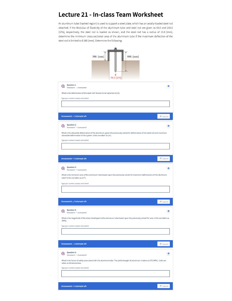 Lecture 21 - In-class Team Worksheet An aluminum tube | Chegg.com