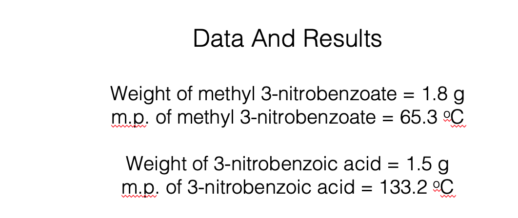 Solved Data And Results Weight of methyl 3-nitrobenzoate = | Chegg.com