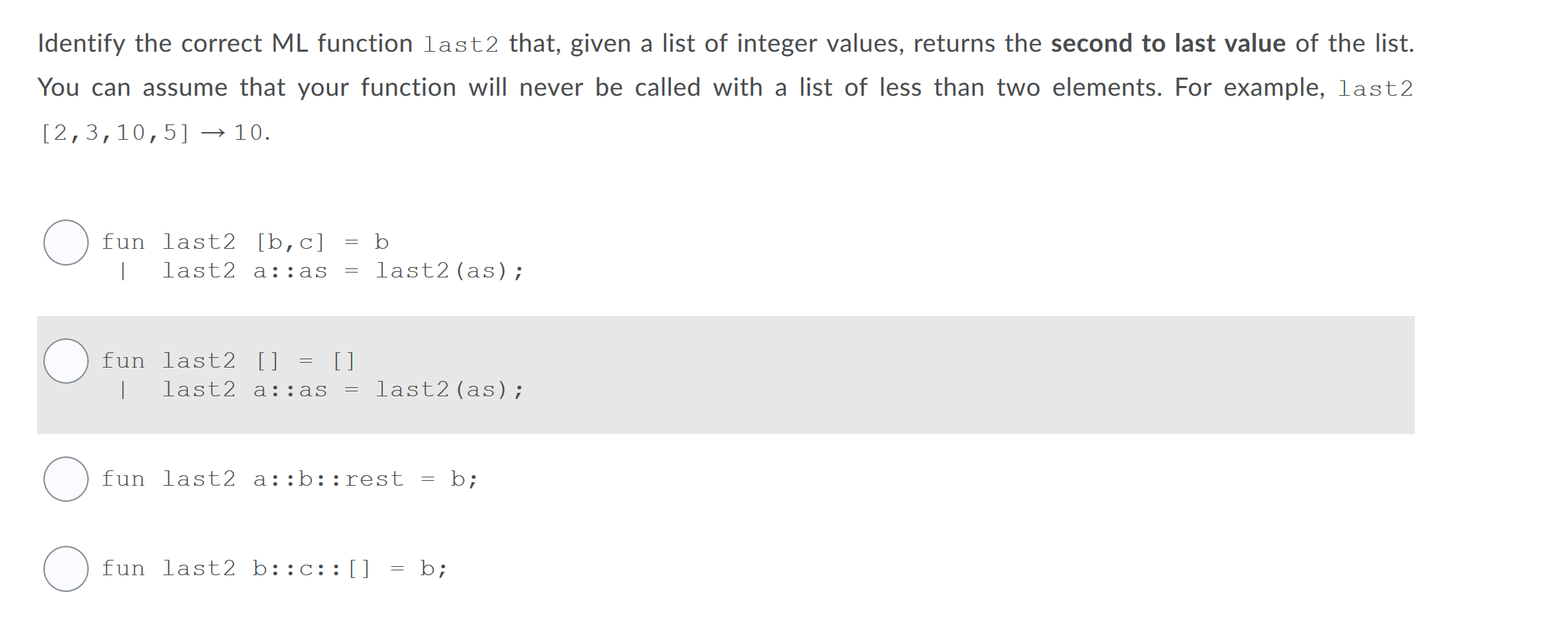 Solved Identify the correct ML function last2 that, given a | Chegg.com