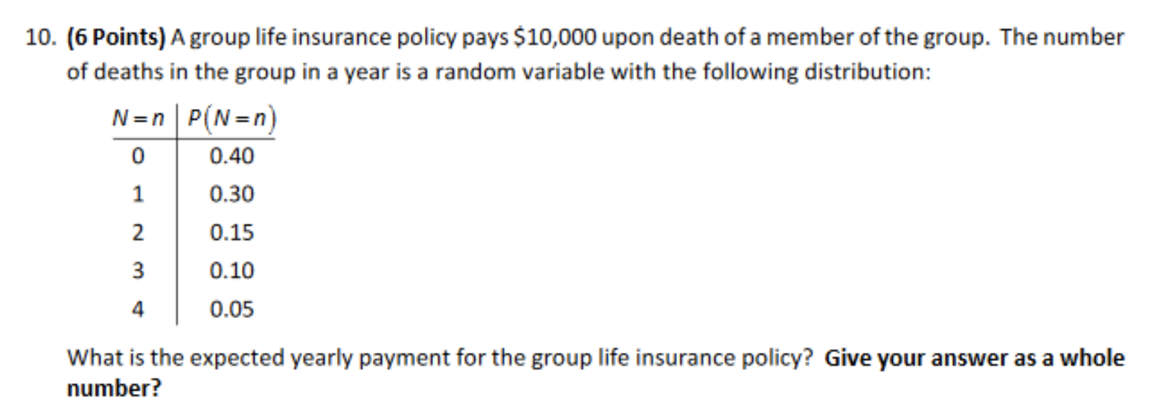 Solved 10. (6 Points) A group life insurance policy pays | Chegg.com Solved 10. (6 Points) A group life insurance policy pays | Chegg.com