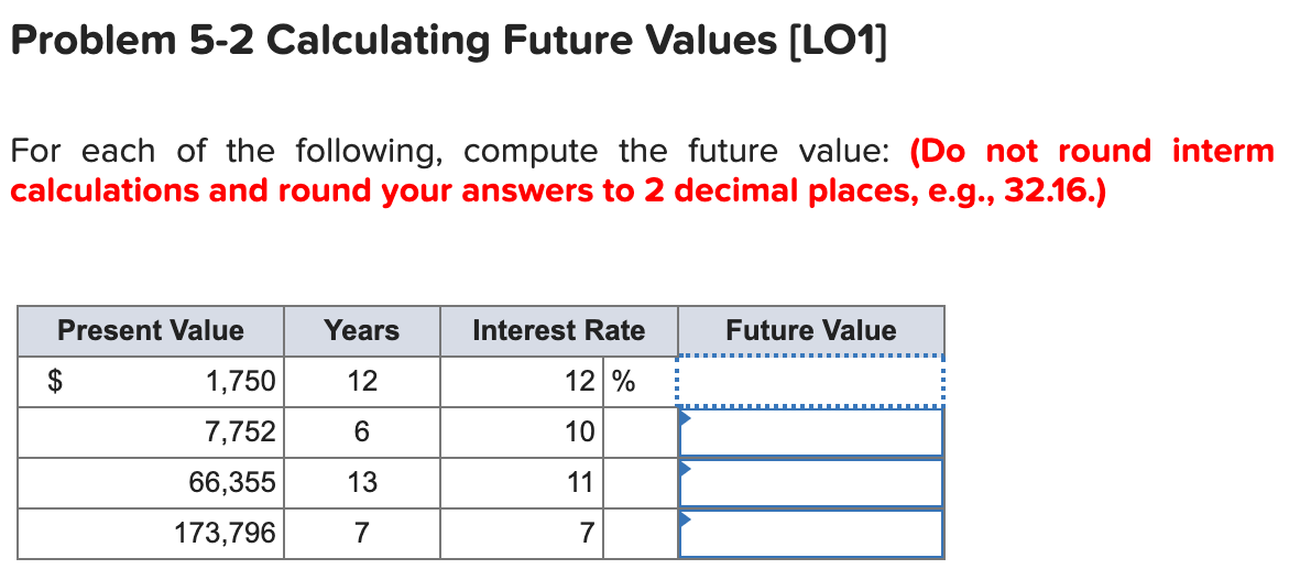 Solved Problem 5-2 Calculating Future Values (LO1] For each | Chegg.com