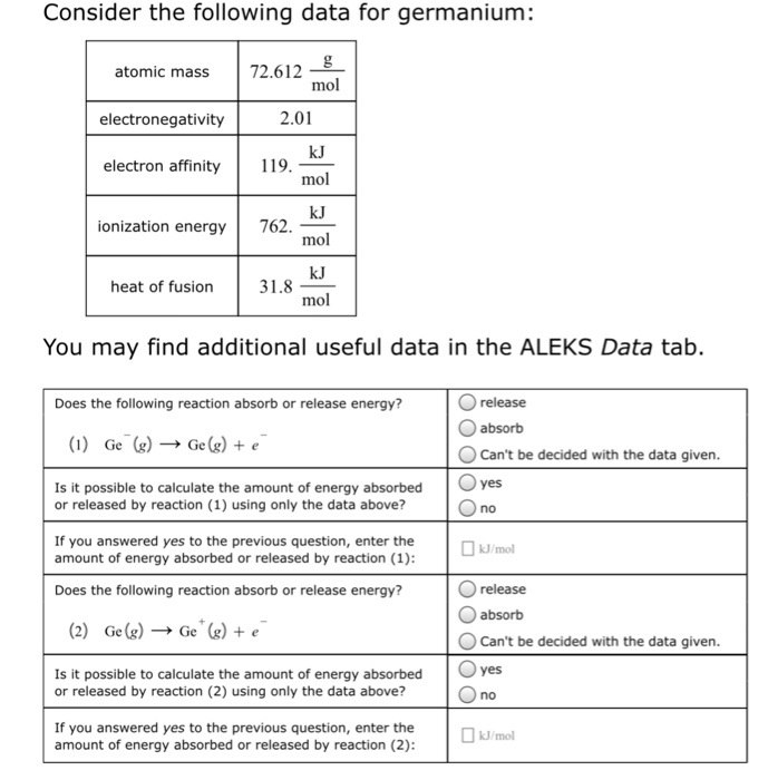 Solved Consider the following data for germanium: atomic | Chegg.com