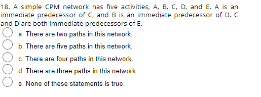 Solved 18. A simple CPM network has five activities, A, B, | Chegg.com