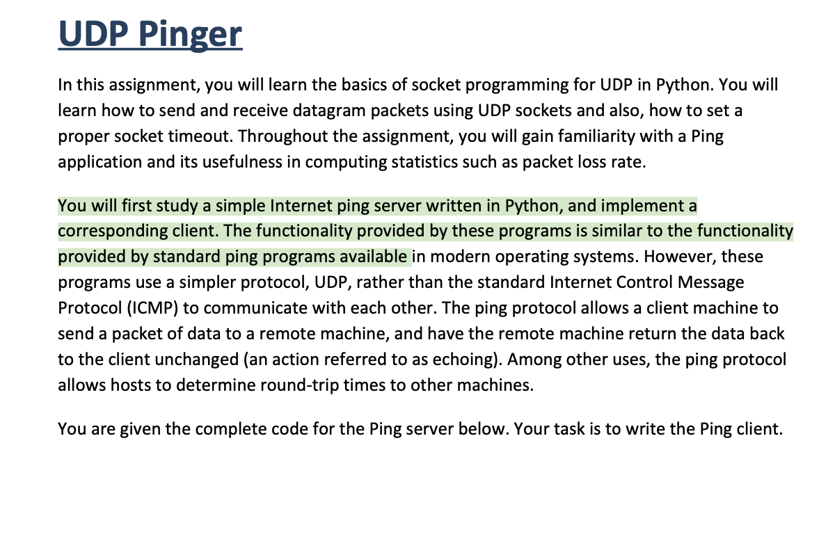 UDP Pinger In this assignment, you will learn the | Chegg.com