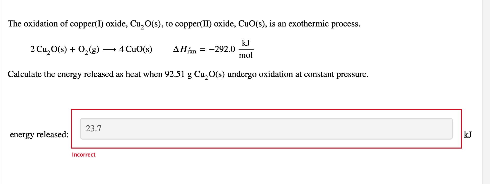 Solved The oxidation of copper(I) oxide, Cu,O(s), to | Chegg.com