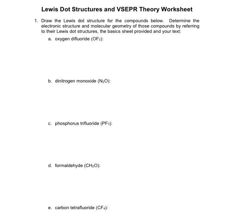 Solved Lewis Dot Structures and VSEPR Theory Worksheet 1. | Chegg.com