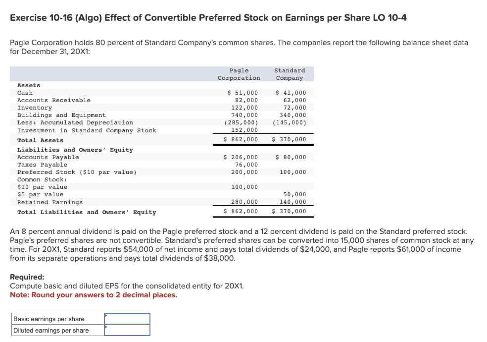 Solved Exercise 10-16 (Algo) Effect of Convertible Preferred | Chegg.com