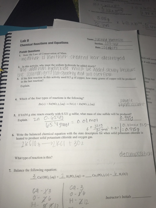 1024 s os Lab 8 Chemical Reactions and Equations | Chegg.com