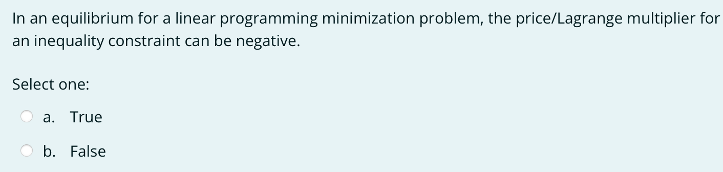 Solved In an equilibrium for a linear programming | Chegg.com