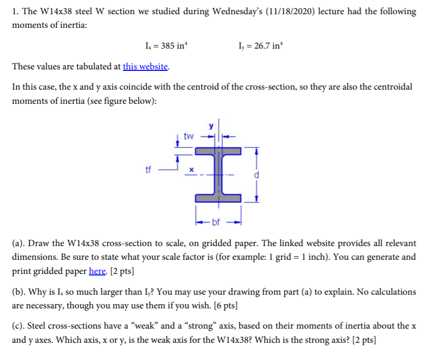 Solved 1. The W14x38 steel W section we studied during | Chegg.com