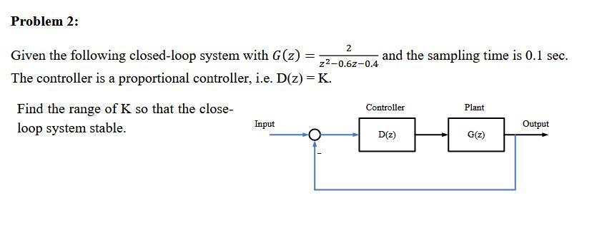 Solved Problem 2: 2 = Given the following closed-loop system | Chegg.com