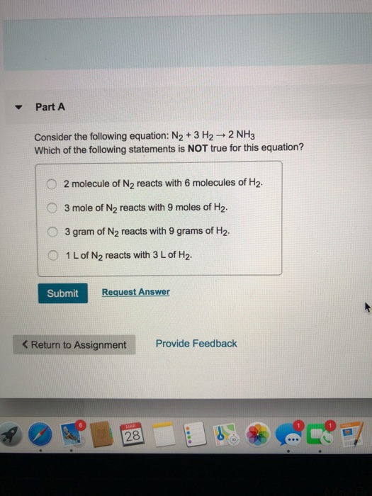 Solved Part A Consider the following equation: N2 3 H2 2 NH3 | Chegg.com