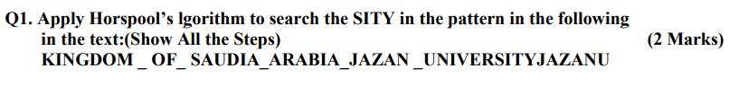 Solved Q1. Apply Horspool's lgorithm to search the SITY in | Chegg.com