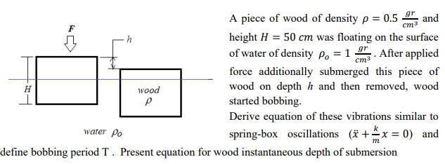 Solved A piece of wood of density 𝜌 = 0.5 𝑔𝑟 𝑐𝑚3 and | Chegg.com