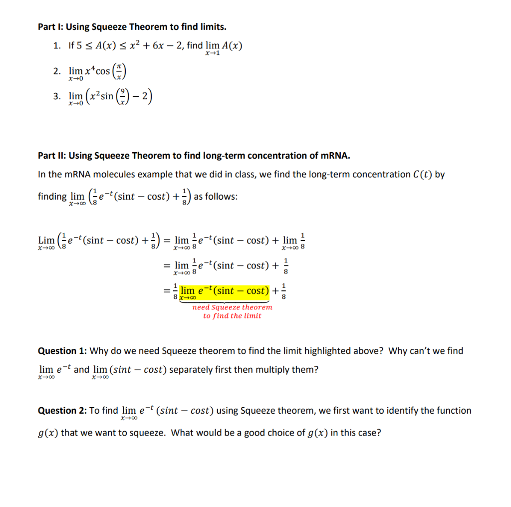 Solved Part I Using Squeeze Theorem To Find Limits 1 If