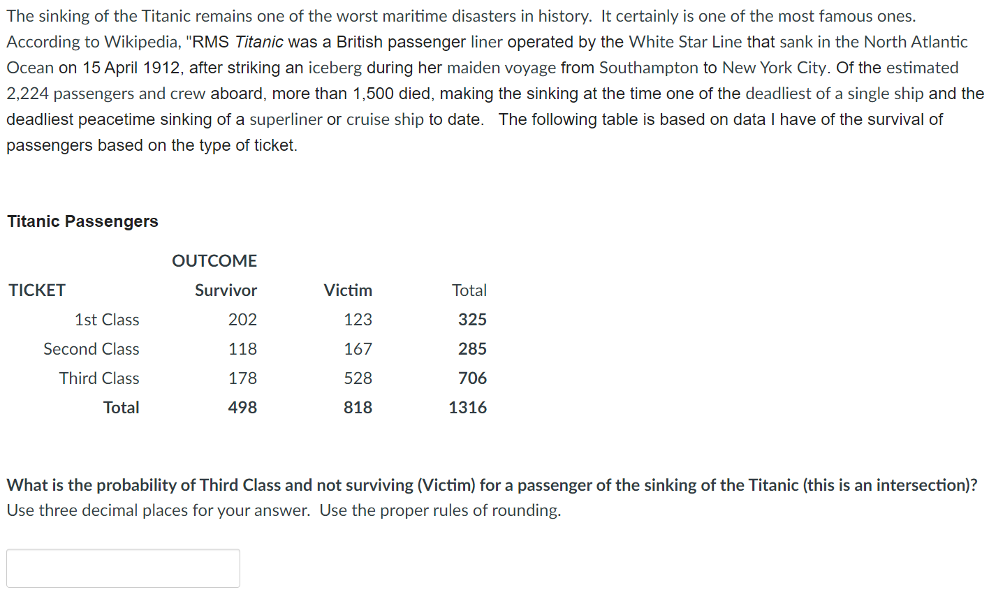 Solved The sinking of the Titanic remains one of the worst | Chegg.com