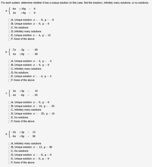 Solved For each system, determine whether it has a unique | Chegg.com