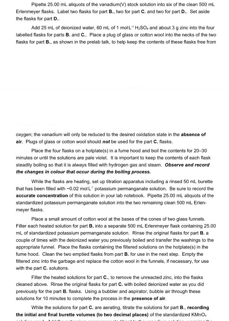 Pipette 25.00 mL aliquots of the vanadium(V) stock | Chegg.com