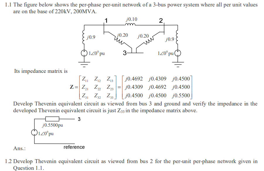 Solved 1.1 The figure below shows the per-phase per-unit | Chegg.com