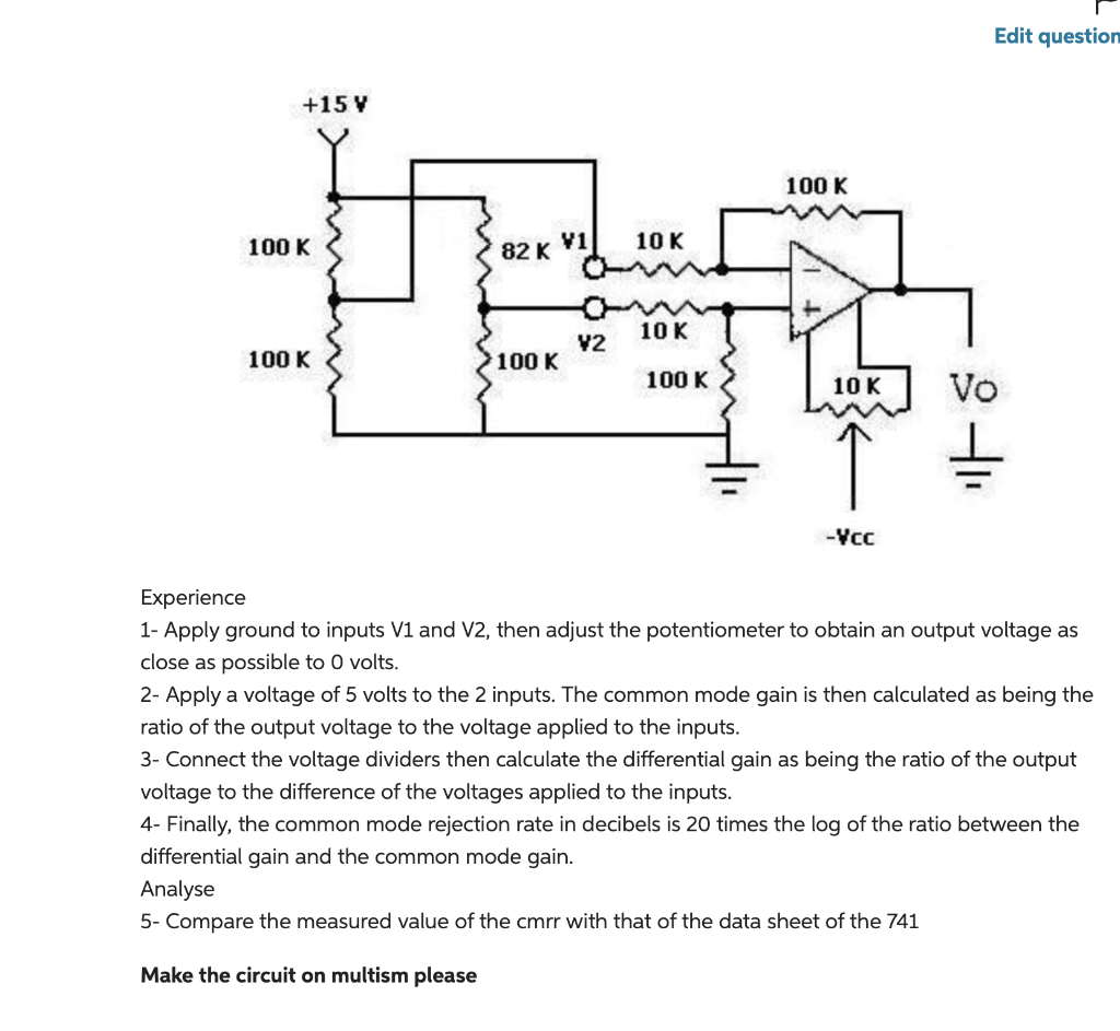 Solved Edit question Experience 1- Apply ground to inputs V1 | Chegg.com