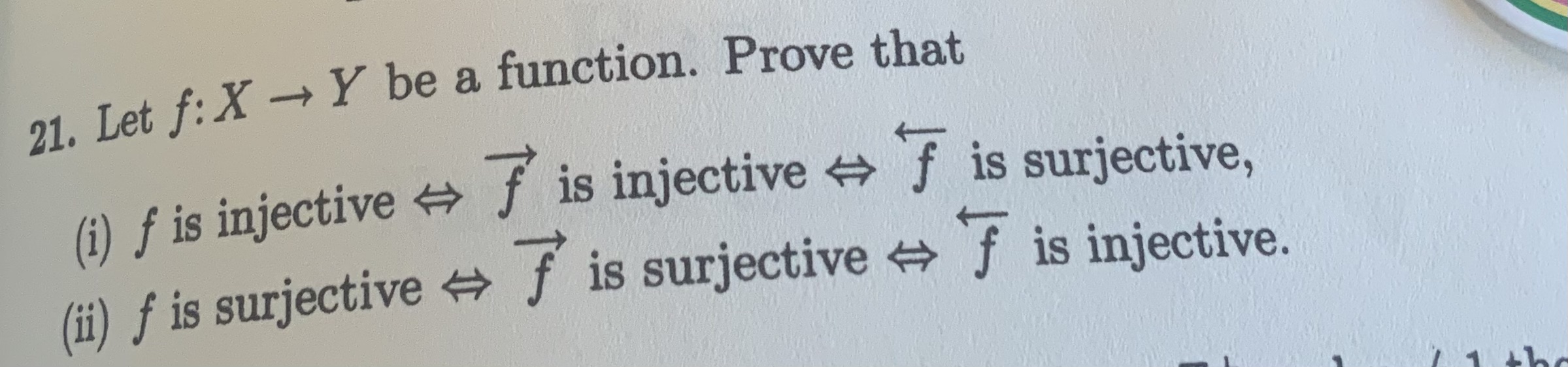 Solved 21. Let f:X→Y be a function. Prove that (i) f is | Chegg.com